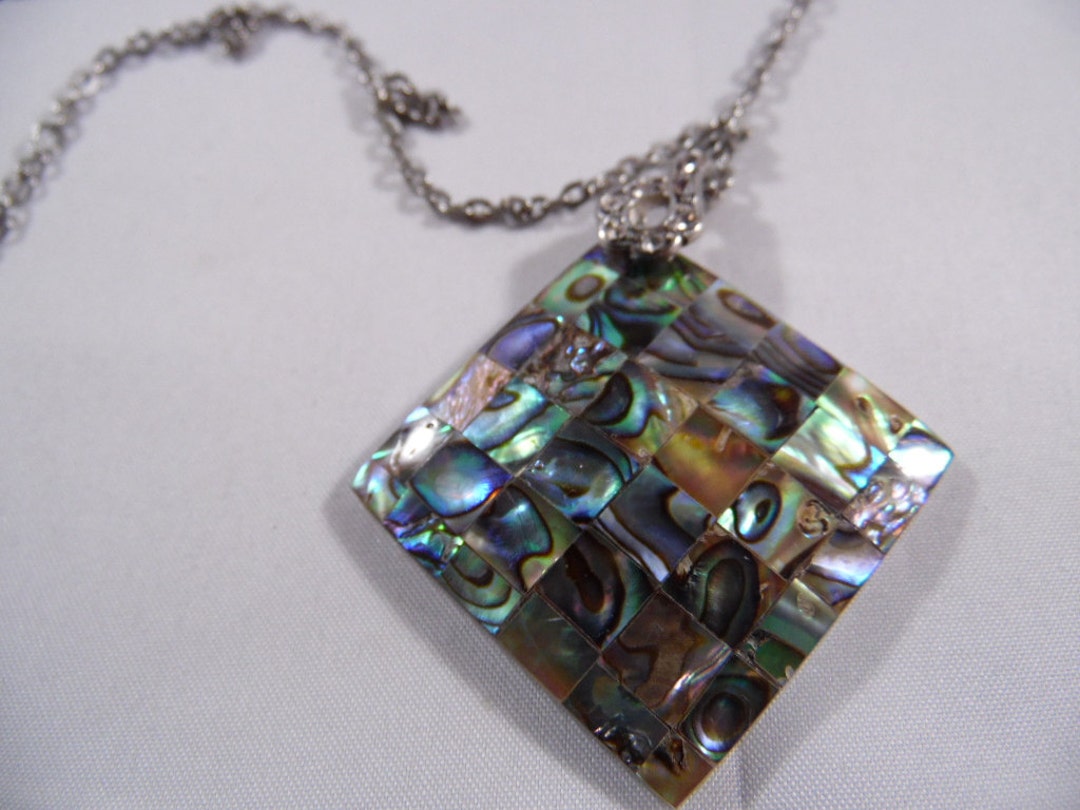 Mosaic Abalone Shell Pendant Necklace Silver Tone. - Etsy