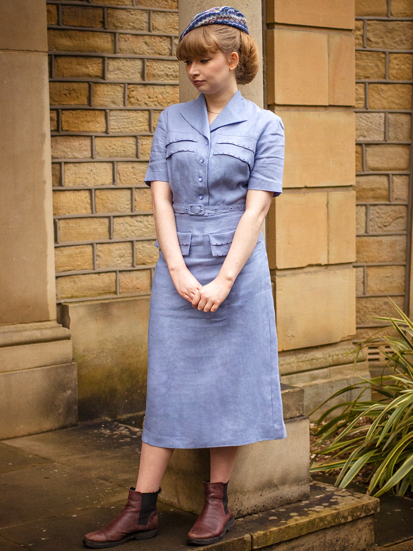 Cornflower Blue 1940s Style Linen Socialite Dress - Vintage Inspired ...