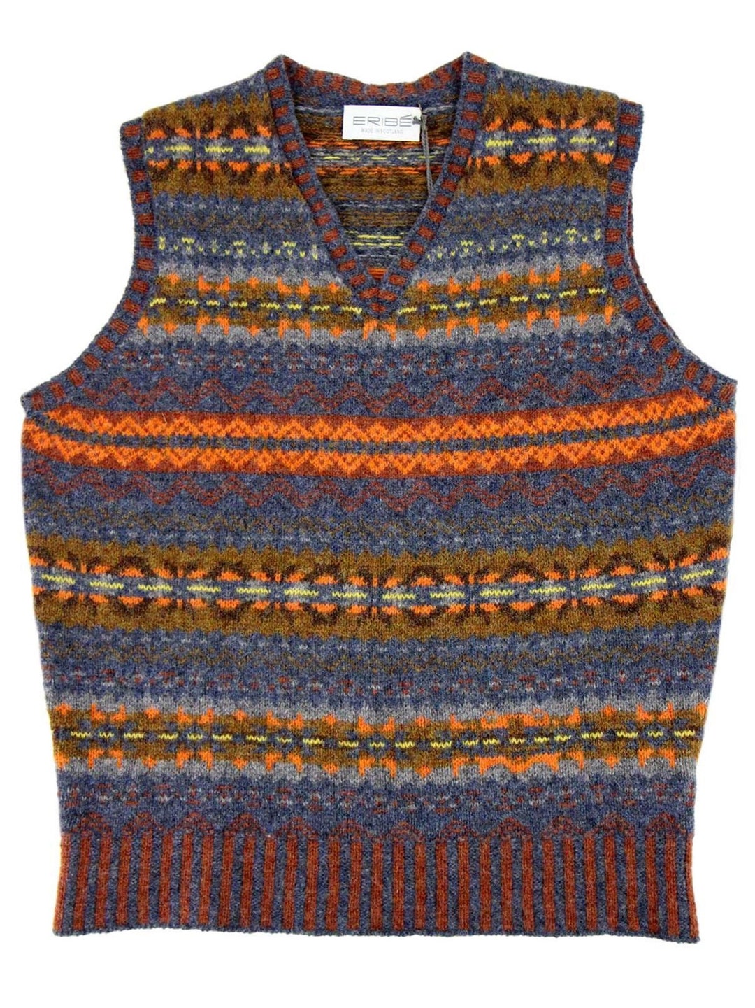 Fairisle Wool Tank Top Mens 1940s Vintage Style Knit Premium Hand Knit Scottish Knitwear Amber