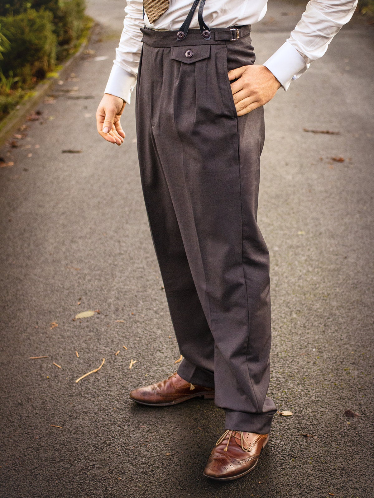 1940s Style Fishtail Back Trousers - Grey High Waist Harry Pants, Men's ...