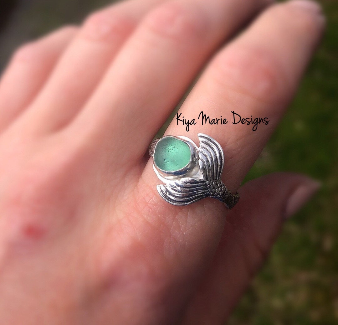 Sea Glass Mermaid Ring, Sterling Silver Mermaid Tail Ring, Mermaid ...