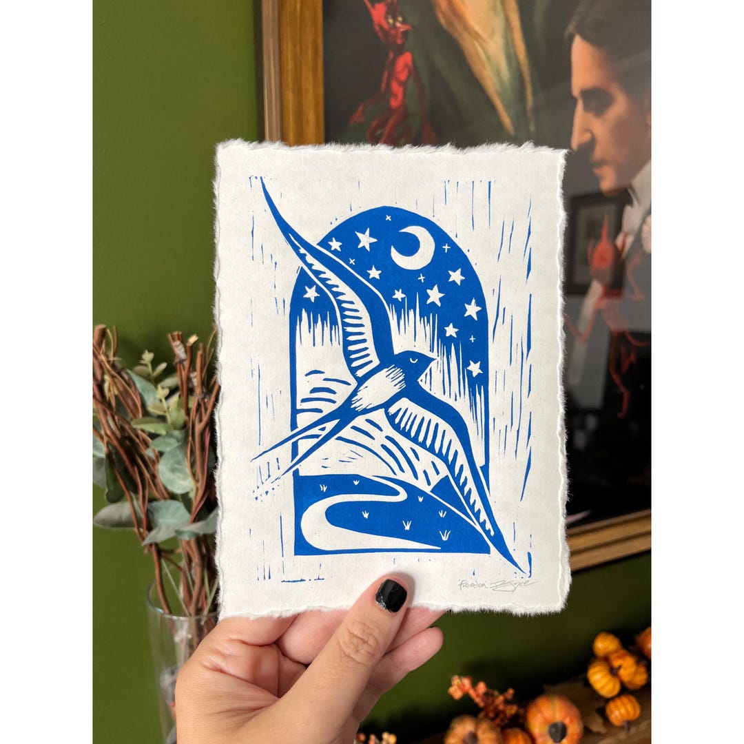 Flying Swallow Linocut Print, Printed Linocut Relief Print, Bird Art ...