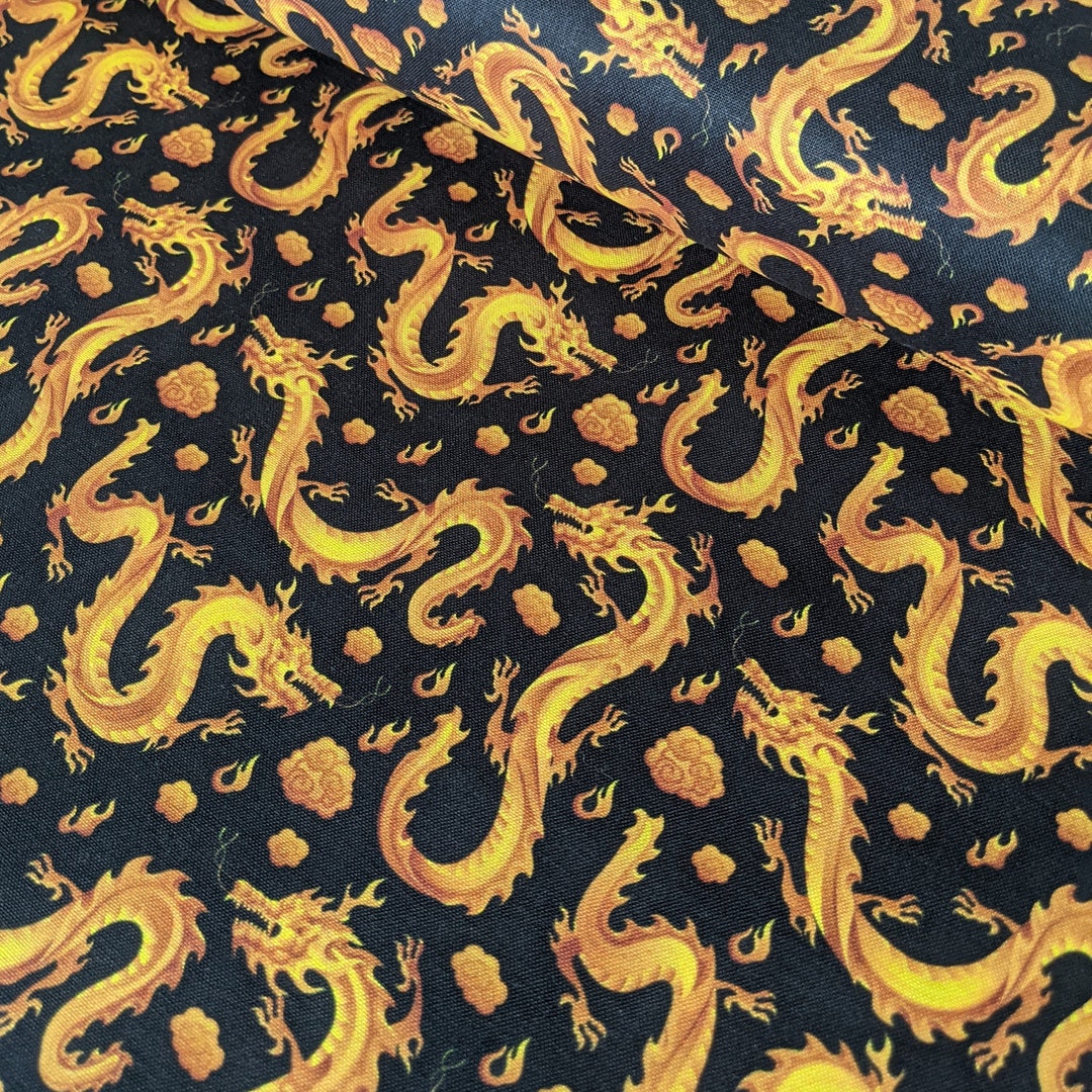 Dragon Fabric, Gold Dragon Fabric, Cotton Fabric, Fabric by the Yard ...