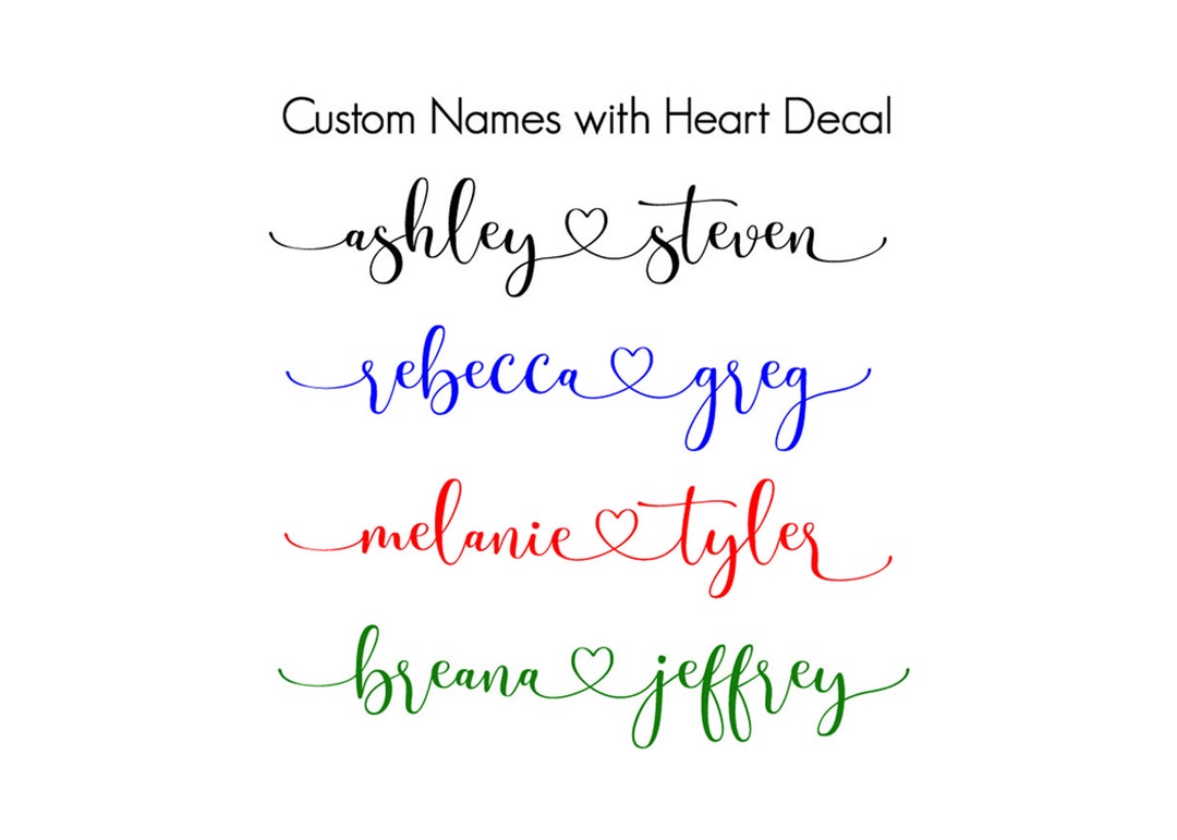 Custom Names With Heart DECAL, Two Names With Heart, Wedding Names ...