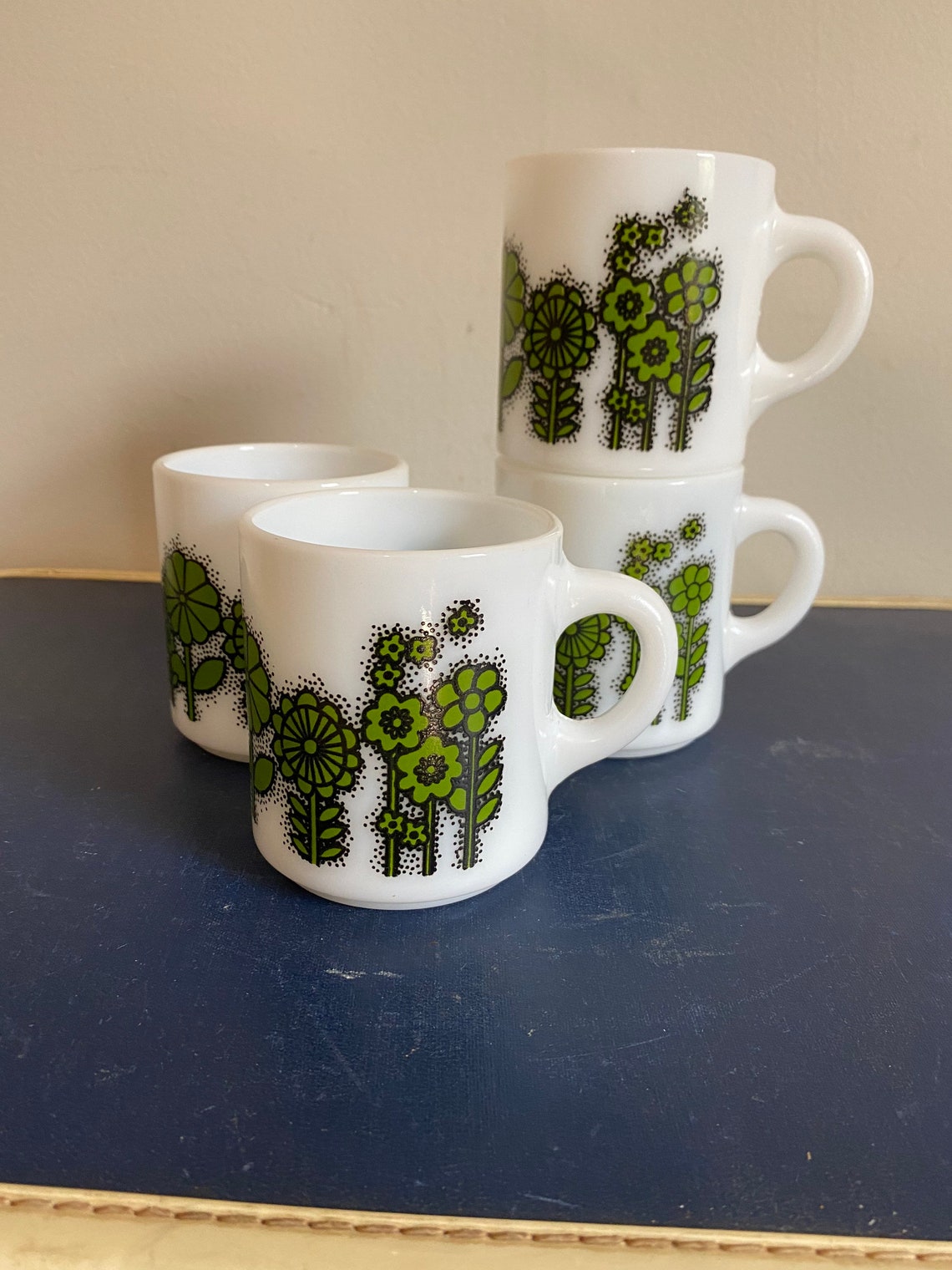 Set of Four Milk Glass Mugs With Fun Funky Black and Avocado | Etsy