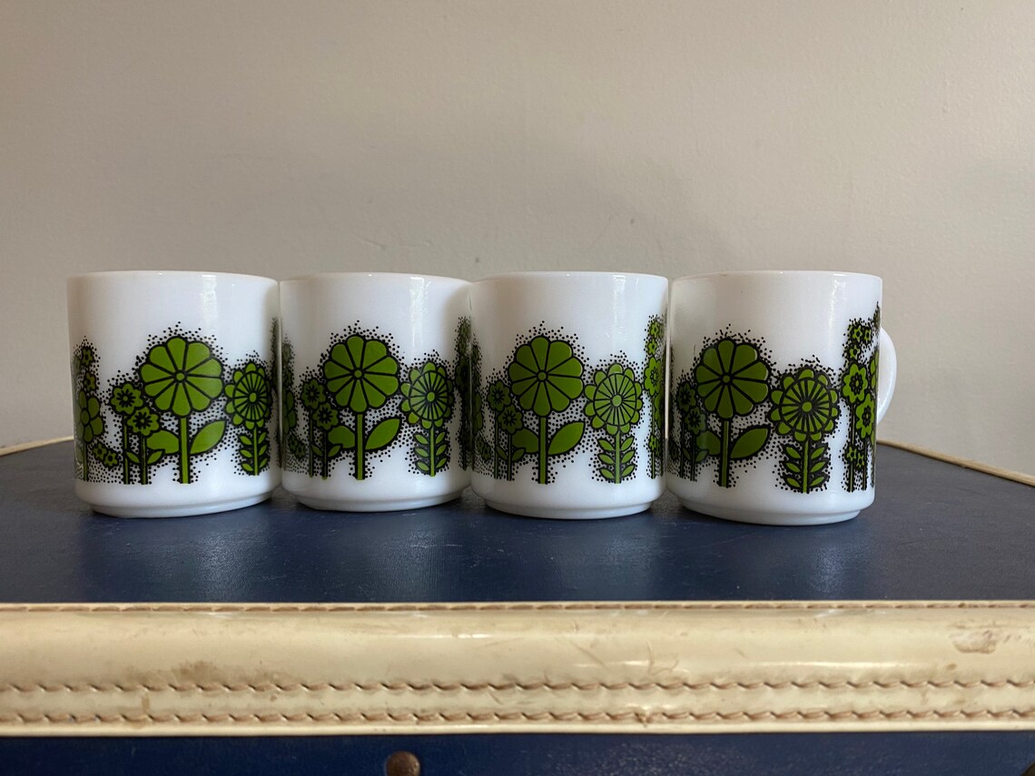 Set of four milk glass mugs with fun funky black and avocado | Etsy