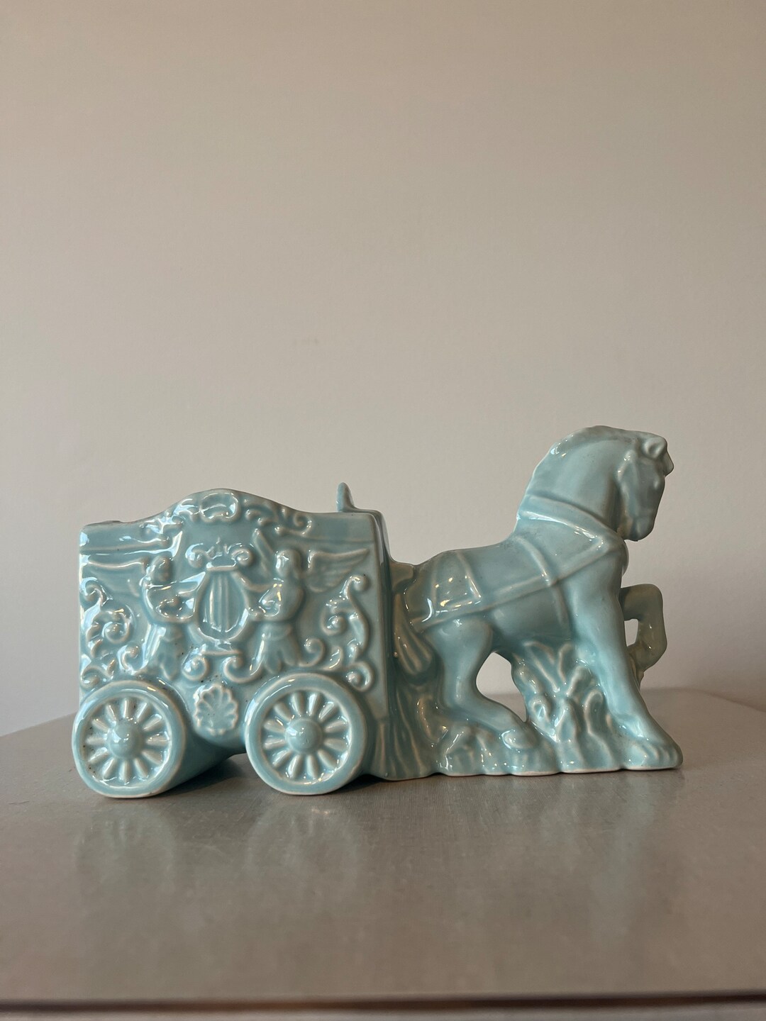 Vintage Light Blue Cameron Clay Products CCP Horse and Carriage Planter ...