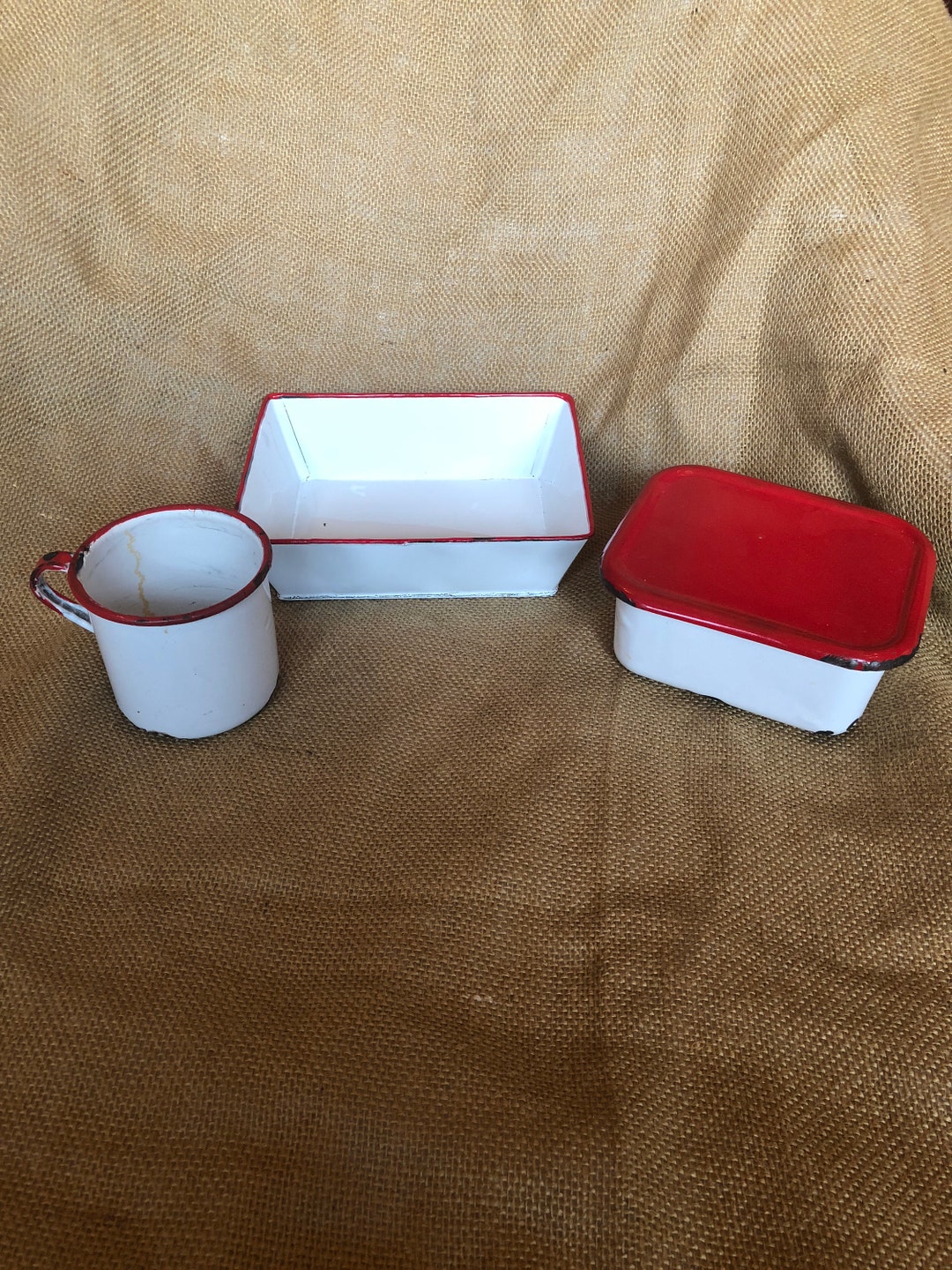 Vintage Chippy Set of Red and White Enamel Ware Mug, and Rectangle ...