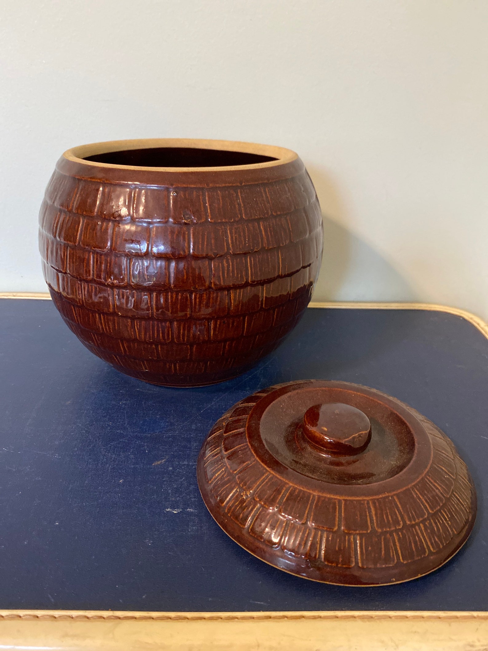 Midcentury Brown Round Ball Like Stoneware Crock Cookie Jar by | Etsy
