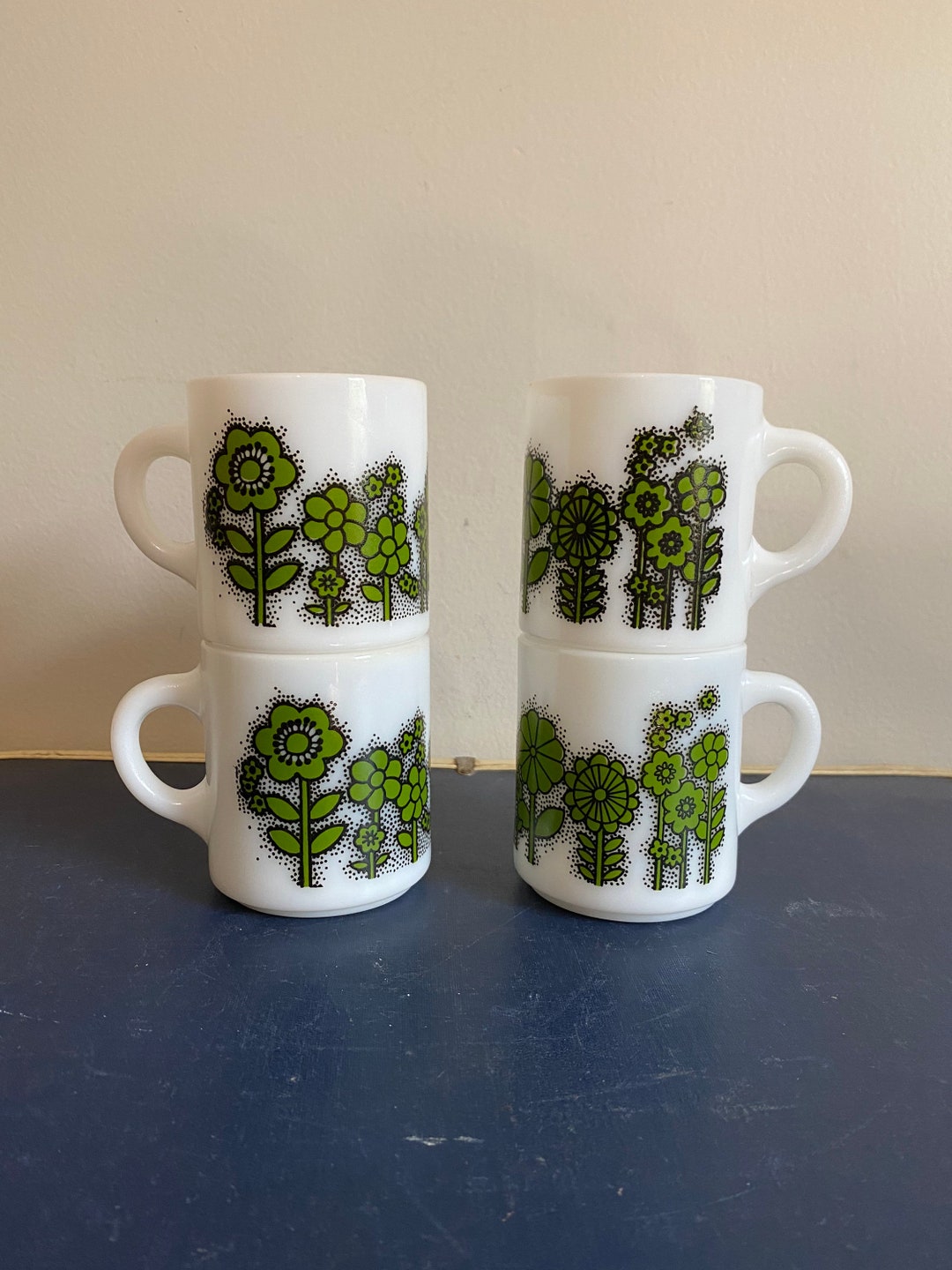 Set of Four Milk Glass Mugs With Fun Funky Black and Avocado Green ...