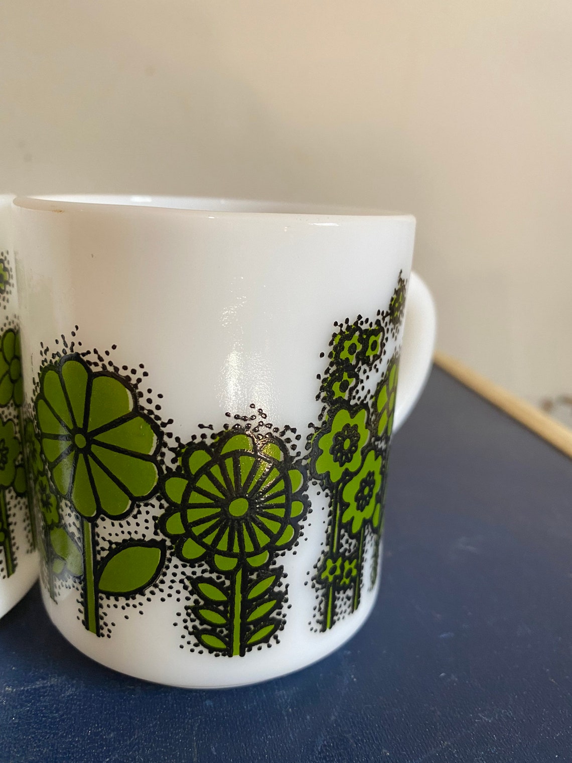 Set of four milk glass mugs with fun funky black and avocado | Etsy