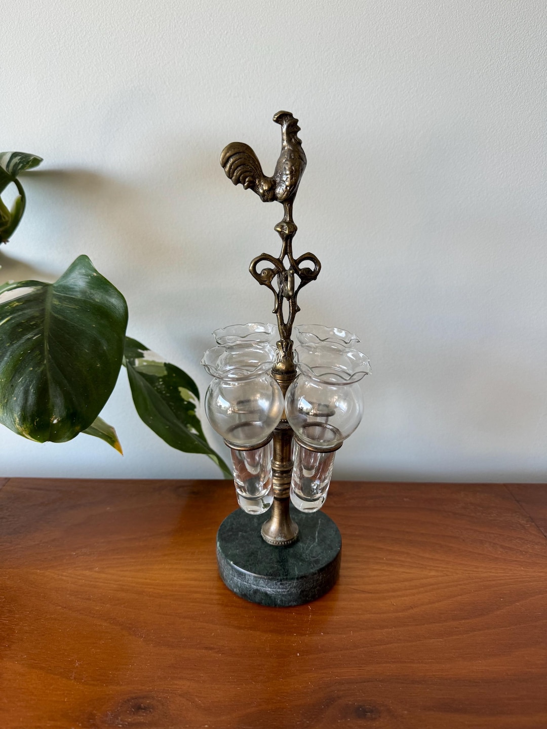 Vintage Brass Rooster Marble and Glass Propagation Station or Bud Vase ...