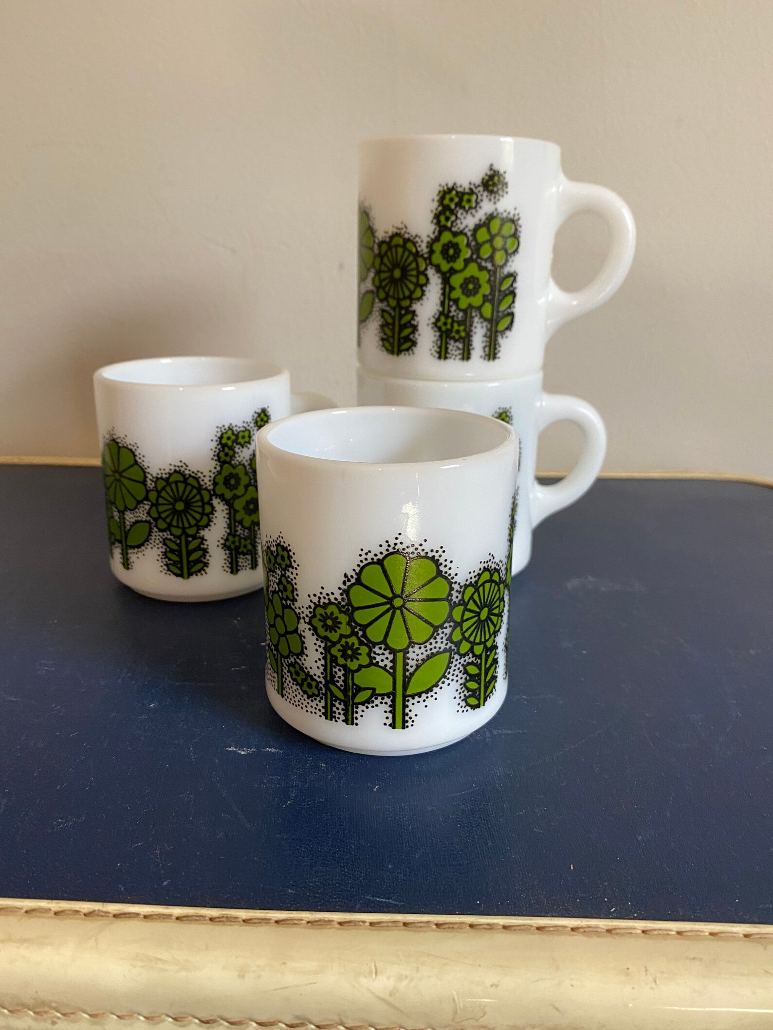 Set of four milk glass mugs with fun funky black and avocado | Etsy