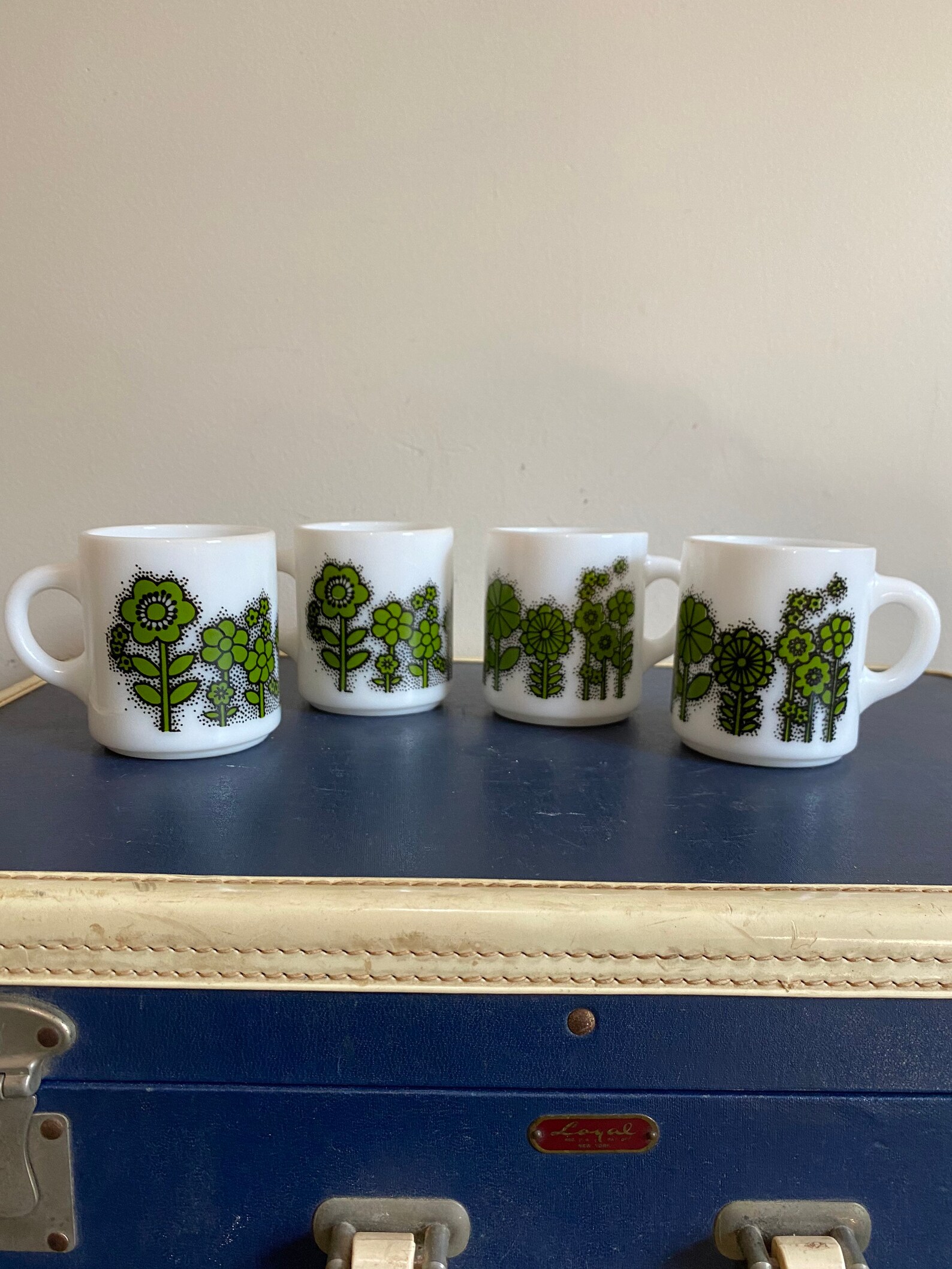 Set of four milk glass mugs with fun funky black and avocado | Etsy