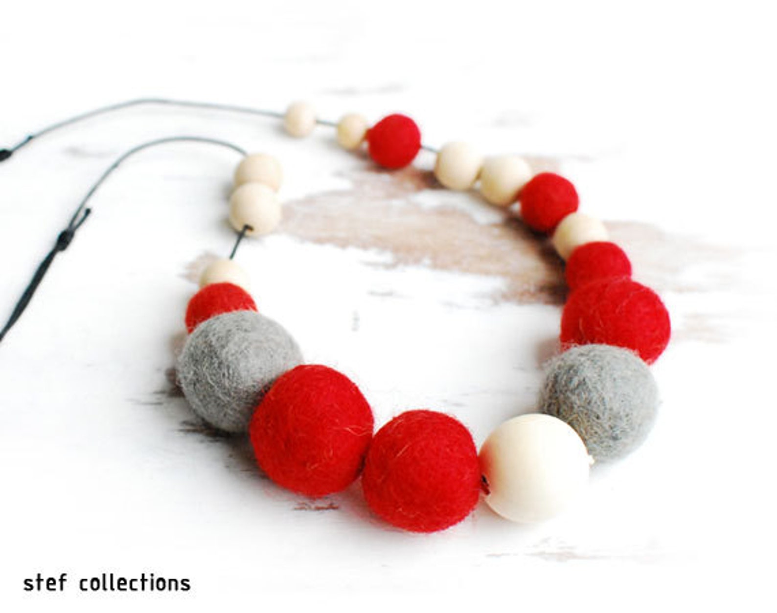 Felt Ball Necklace. Red Necklace. Grey Necklace. Large Bead Necklace ...