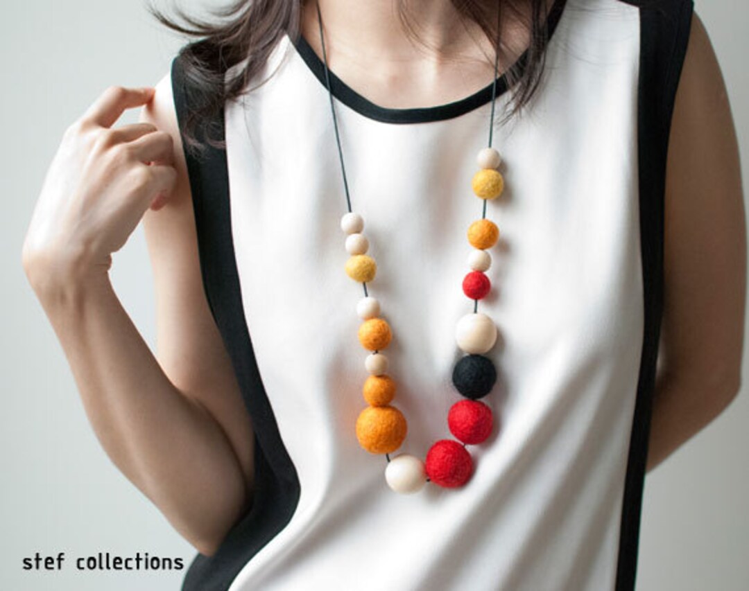 Felt Ball Necklace. Red Necklace. Orange Necklace. Large Bead Necklace ...