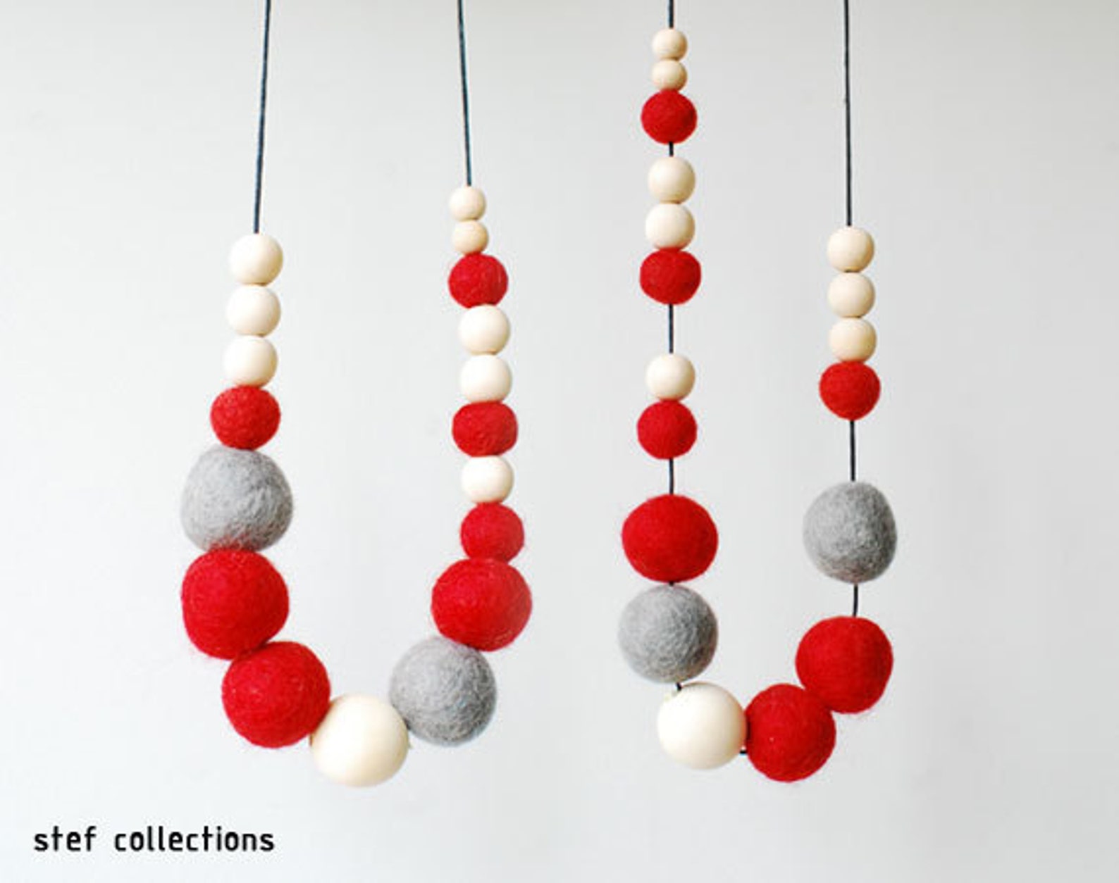 Felt Ball Necklace. Red Necklace. Grey Necklace. Large Bead Necklace ...