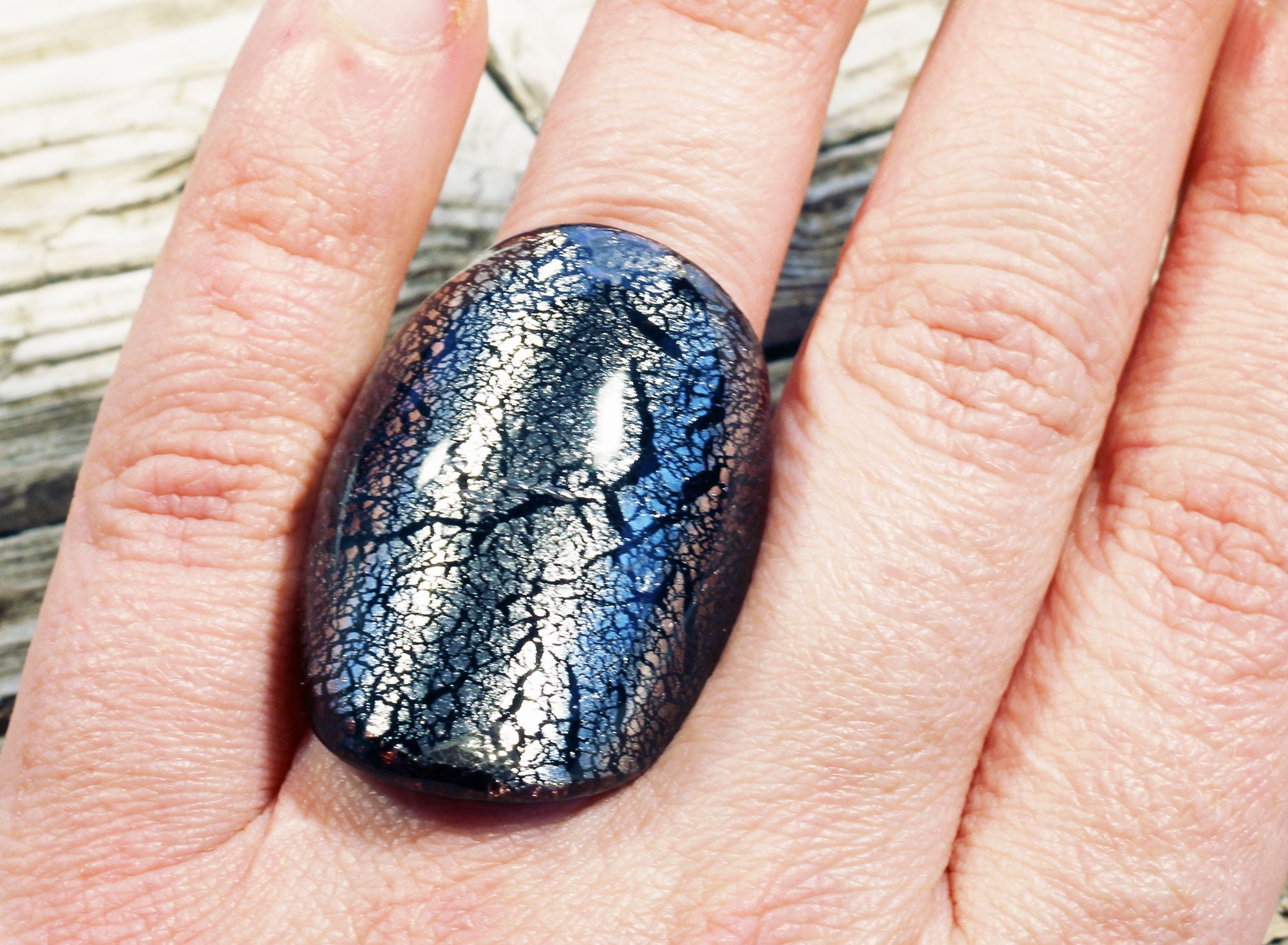 Handmade Murano Glass Statement Ring – Black & Silver Venetian Jewelry ...