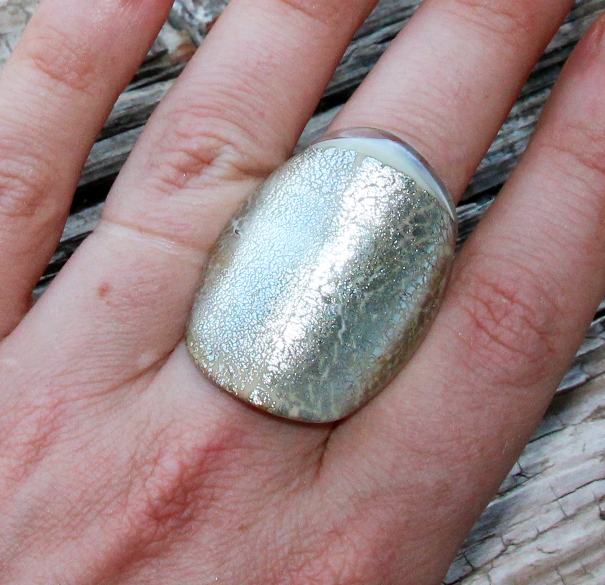 Ivory Murano Glass Statement Ring – White Gold Leaf, Venetian Lampwork ...