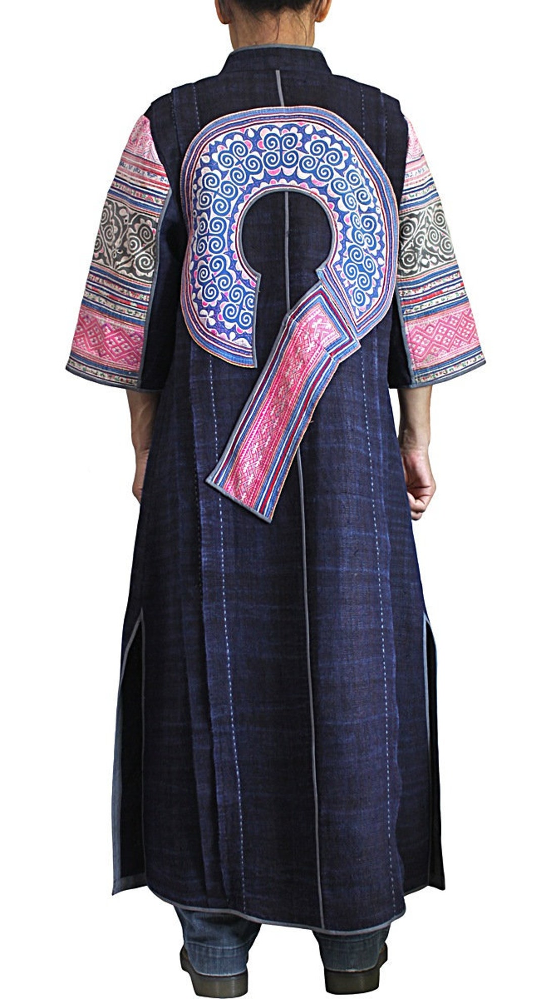 Indigo Hemp Coat Made From Old Hmong Embroidered Fabric (JHM-015-07,08 ...