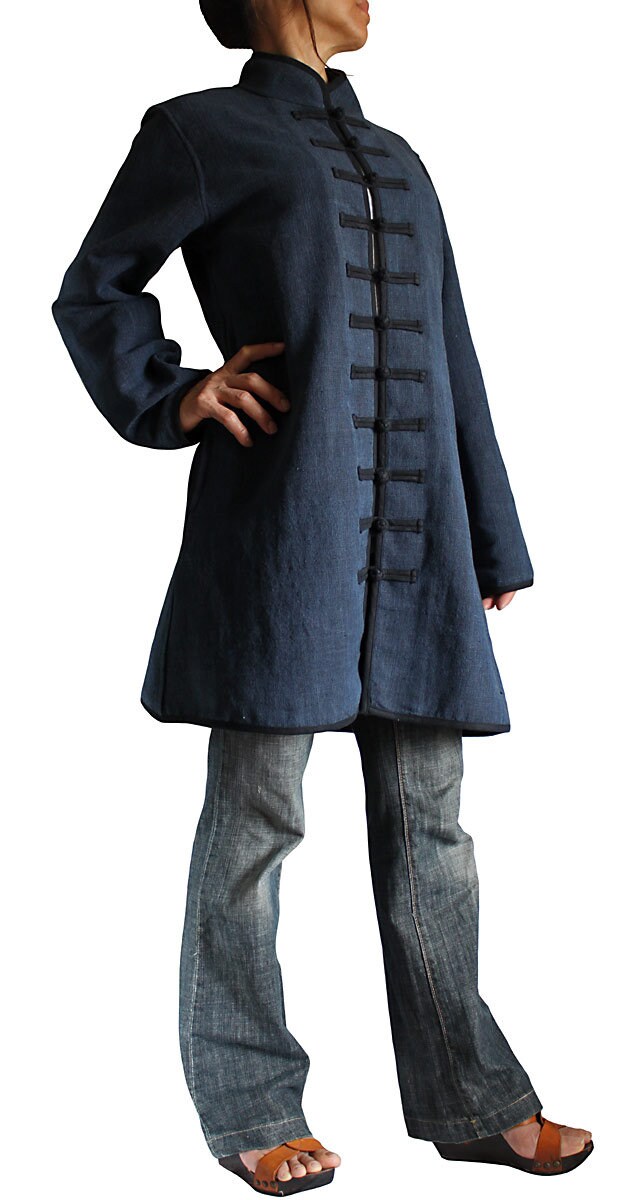 Chomthong Hand Woven Cotton Chinese Collar Long Jacket (JFS-119) - Etsy