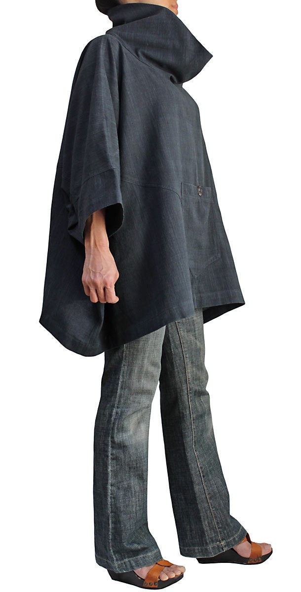 Chomthong Hand Woven Cotton Poncho Tunic With Raised Collar - Etsy