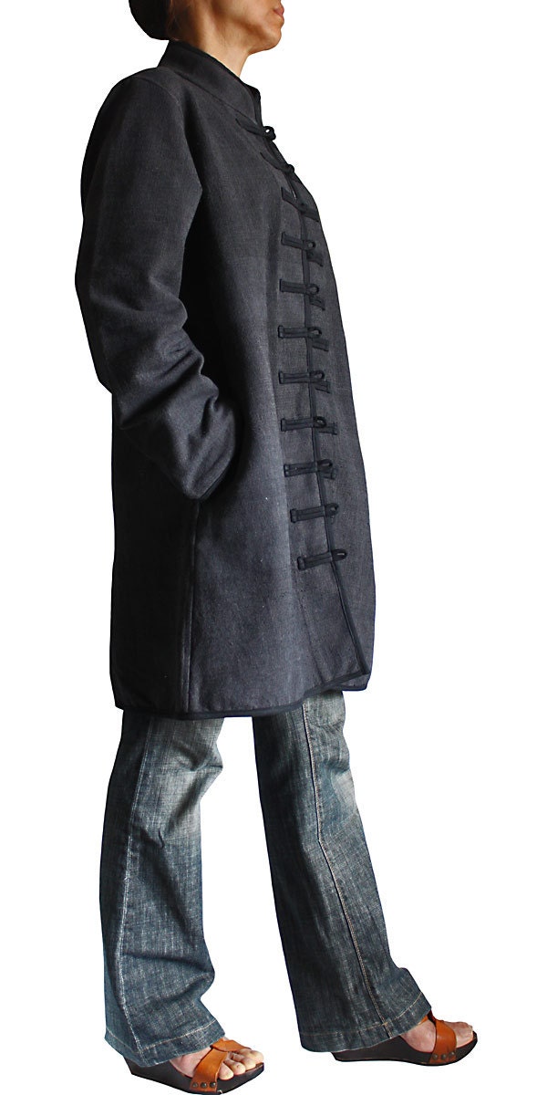 Chomthong Hand Woven Cotton Chinese Collar Long Jacket JFS-119 - Etsy
