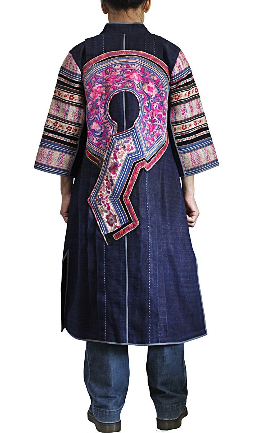 Indigo Hemp Coat Made From Old Hmong Embroidered Fabric (JHM-015-04,09 ...