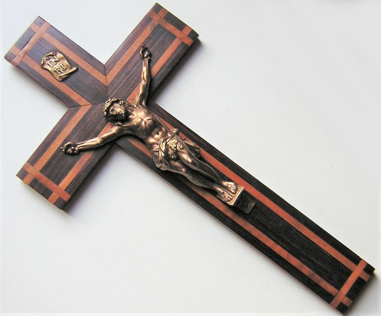 Antique wall crucifix massive wood with a lighter wood inlay | Etsy