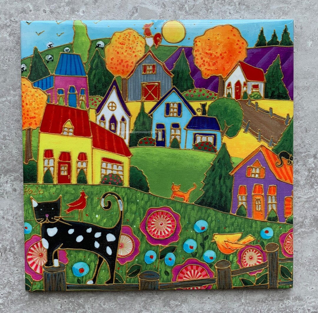 Ceramic Tile Square Trivet Cat in Colourful Landscape Folk Art Original ...