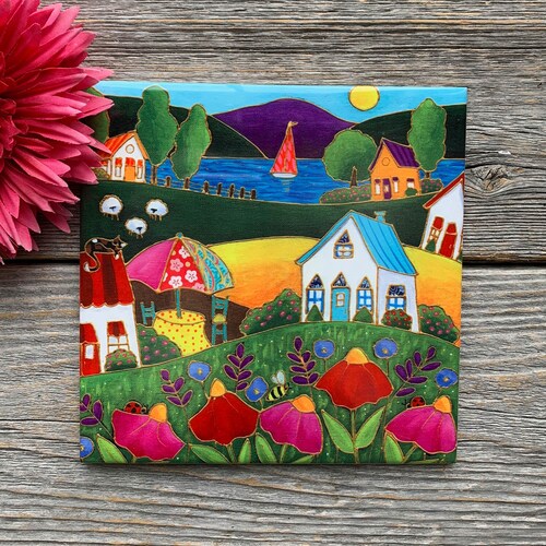 Ceramic Tile Square Trivet Colourful House Landscape Red - Etsy