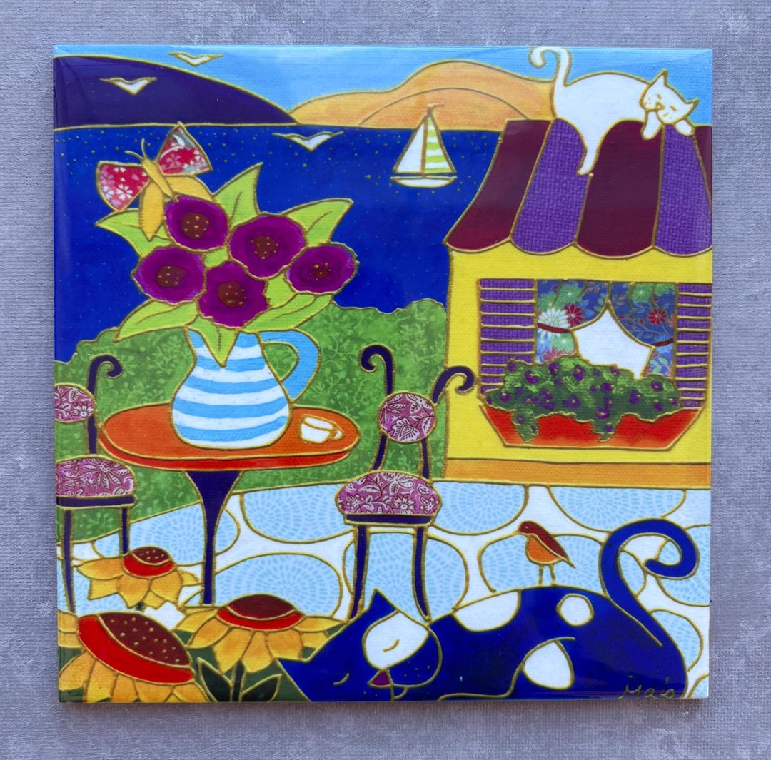 Trivet Ceramic Landscape Colourful House Cat Table With Flower Sea ...