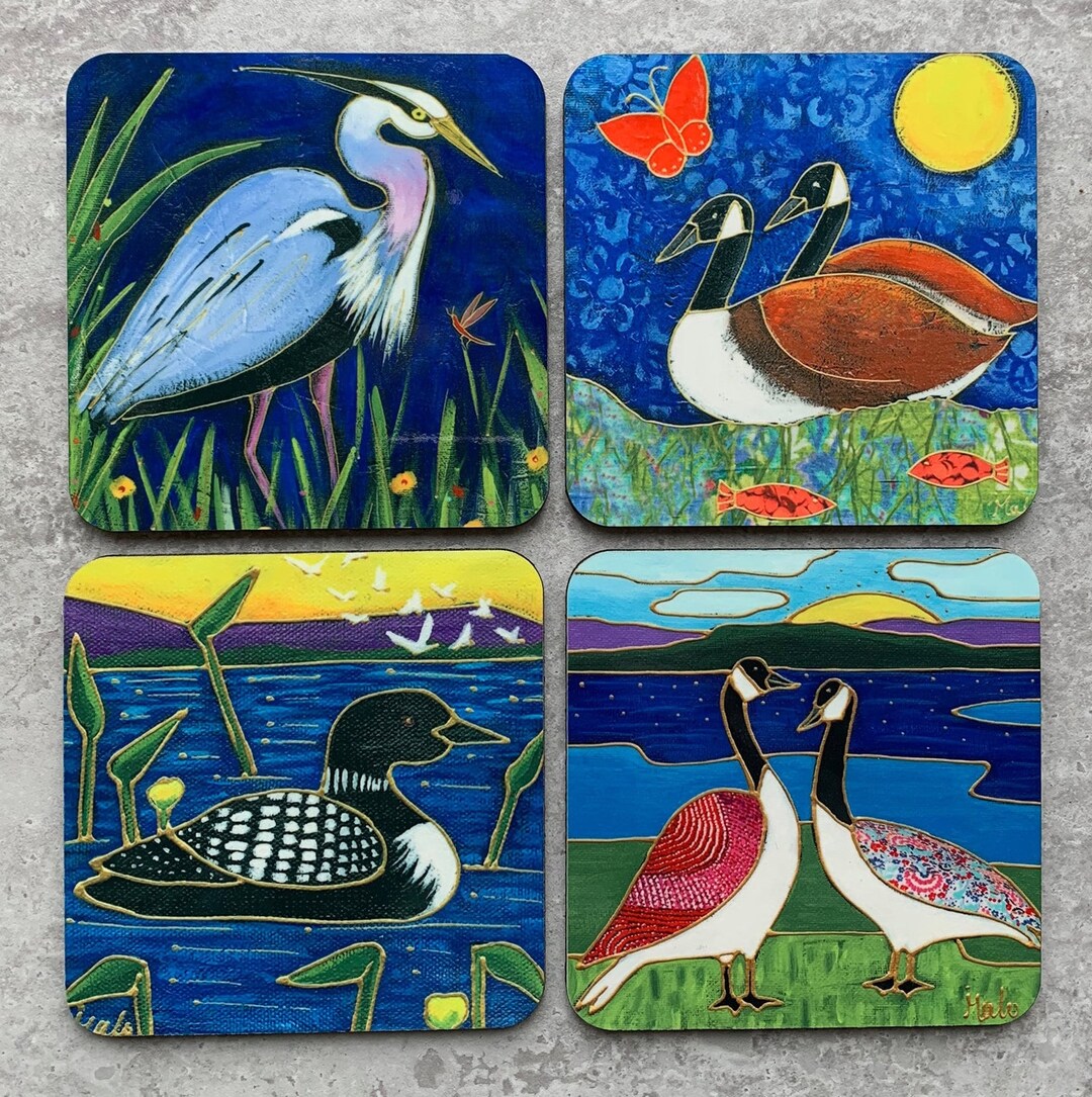 Set of Coasters Wood Cork Great Blue Heron Goose Duck Loonie - Etsy