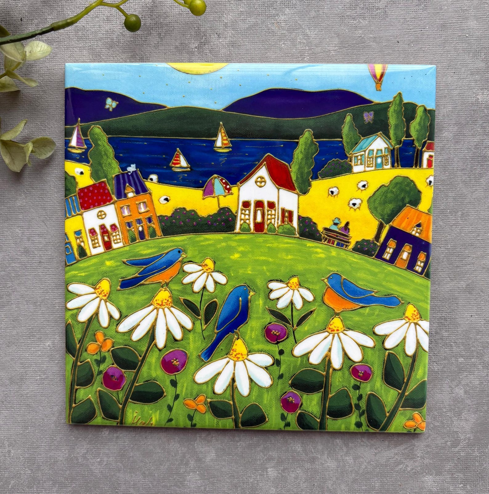 Ceramic Tile Square Trivet Landscape Colourful Houses Blue Bird Daisy ...