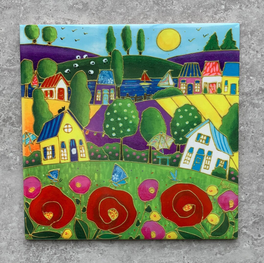 Ceramic Tile Square Trivet Colourful House Landscape Red Flower Lake ...
