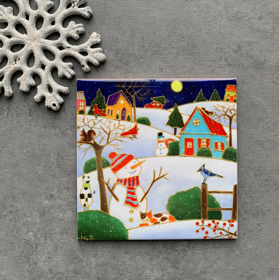 Ceramic Coaster Tile Landscape Winter House Colorful Snowman - Etsy