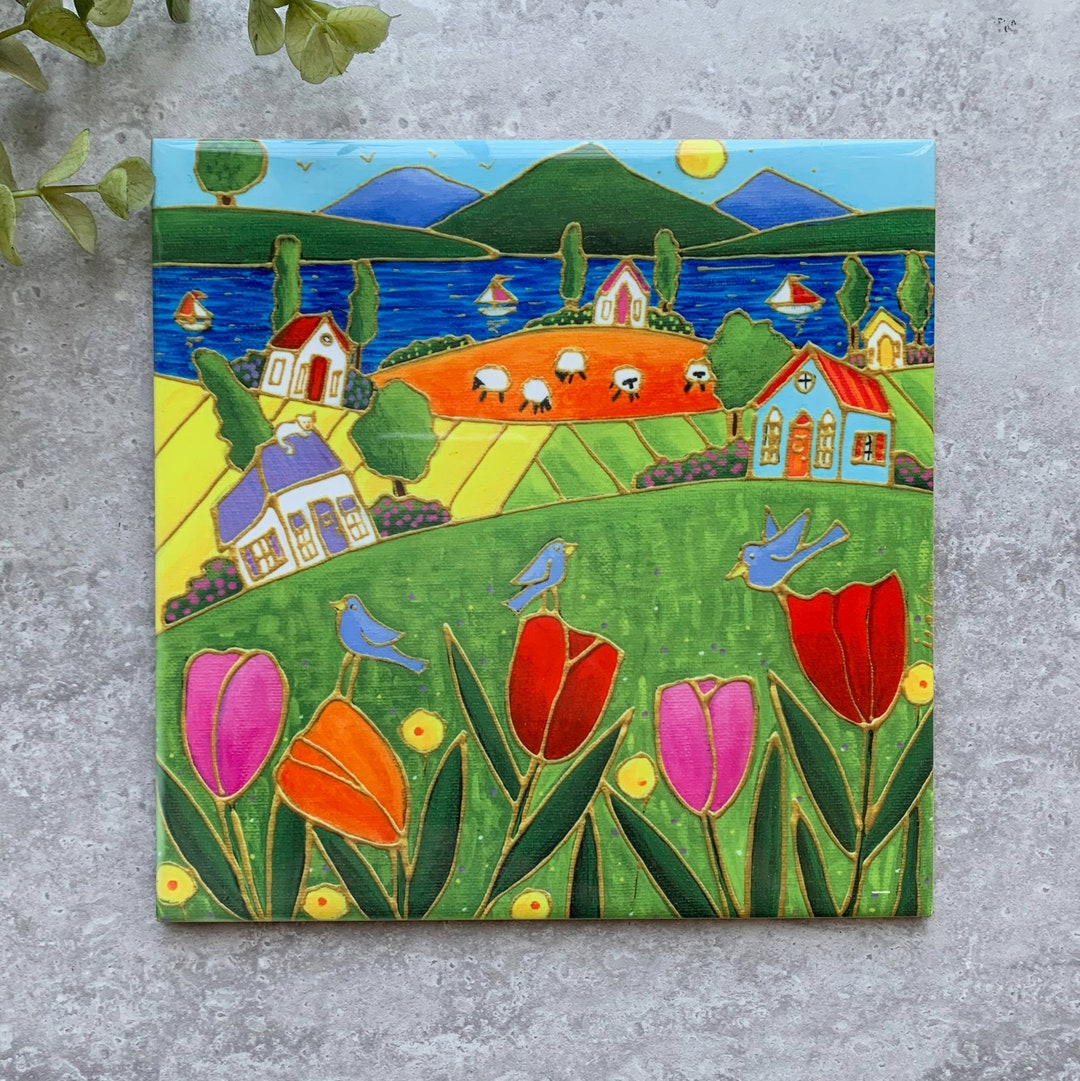Ceramic Tile Square Trivet Colourful House Landscape Tulip Lake ...