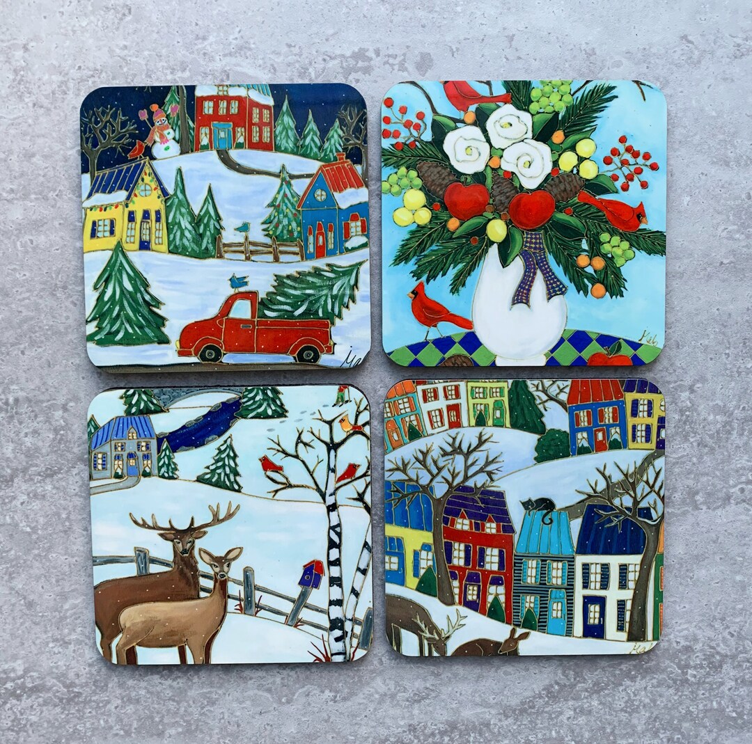 Set of 4 Coasters Colourful Winter Scene Landscape Colourful - Etsy Canada