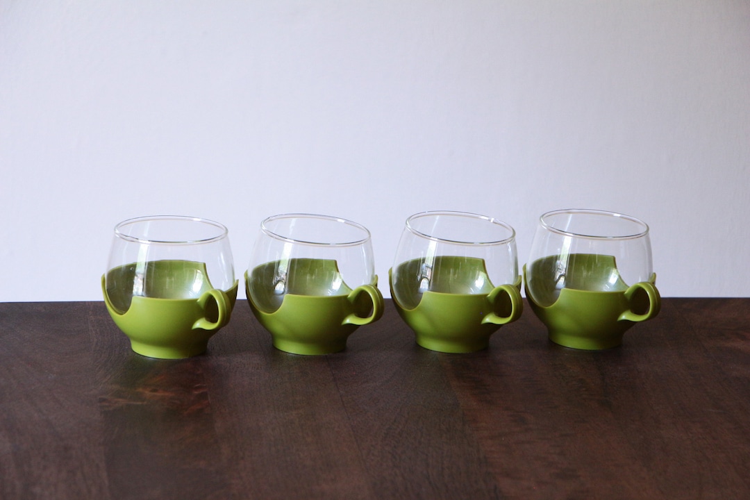 Vintage Pyrex Glass Cups With Olive Green Holders - Set of 4 MCM ...