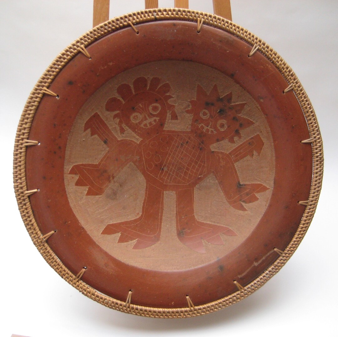 Vintage INDONESIAN SASAK sasaki POTTERY Bowl With Woven Rattan Rim Folk ...