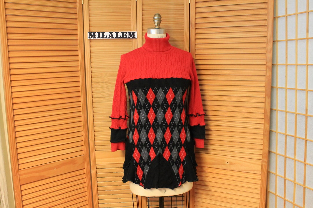 Argyle Sweater Dress Upcycled Sweaters Patchwork Tunic Dress Urban Chic Dress Turtleneck Top ...