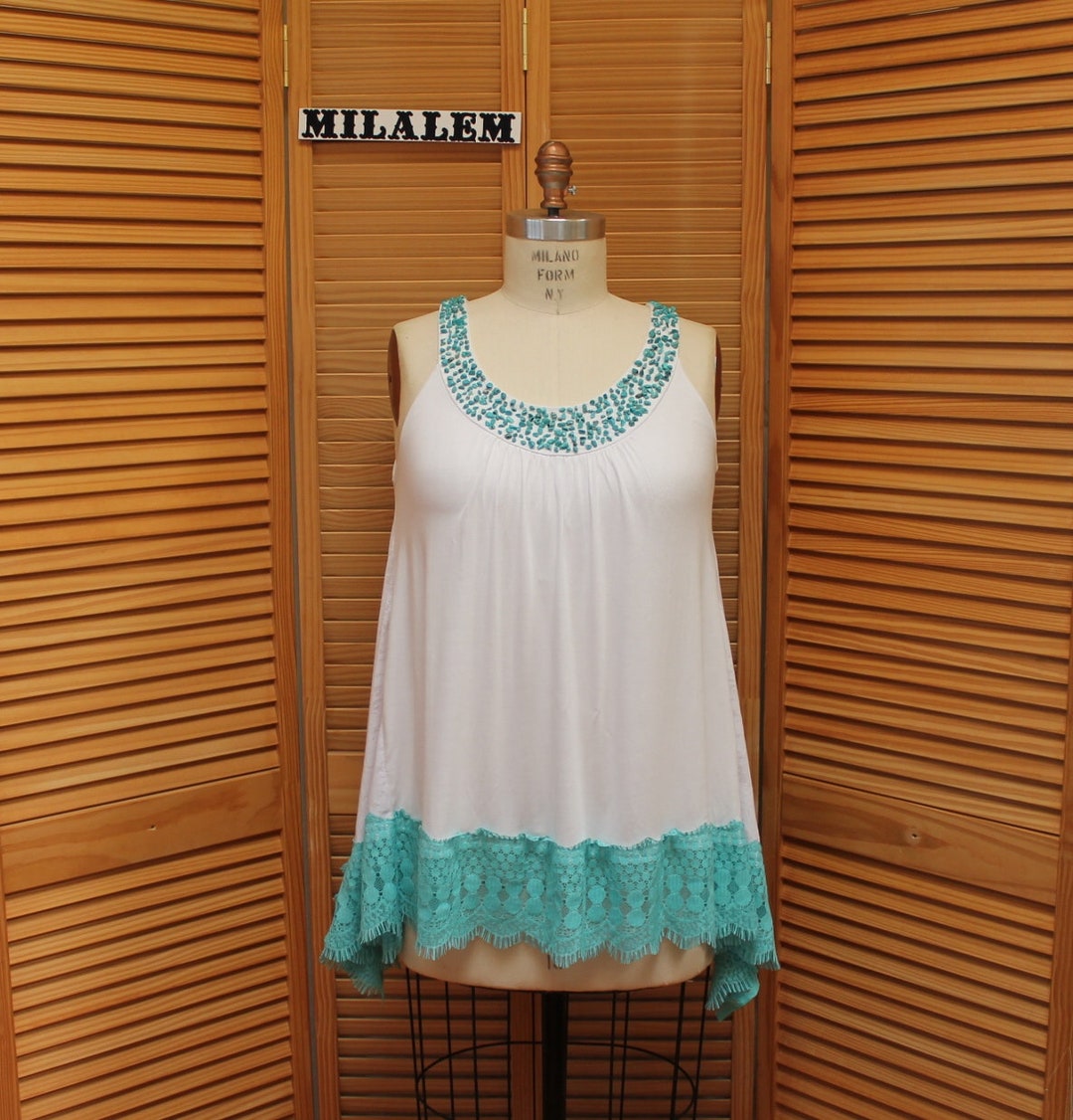 Turquoise Stones Top Bohemian Swing Tunic Shabby Lace Tank Sleeveless ...
