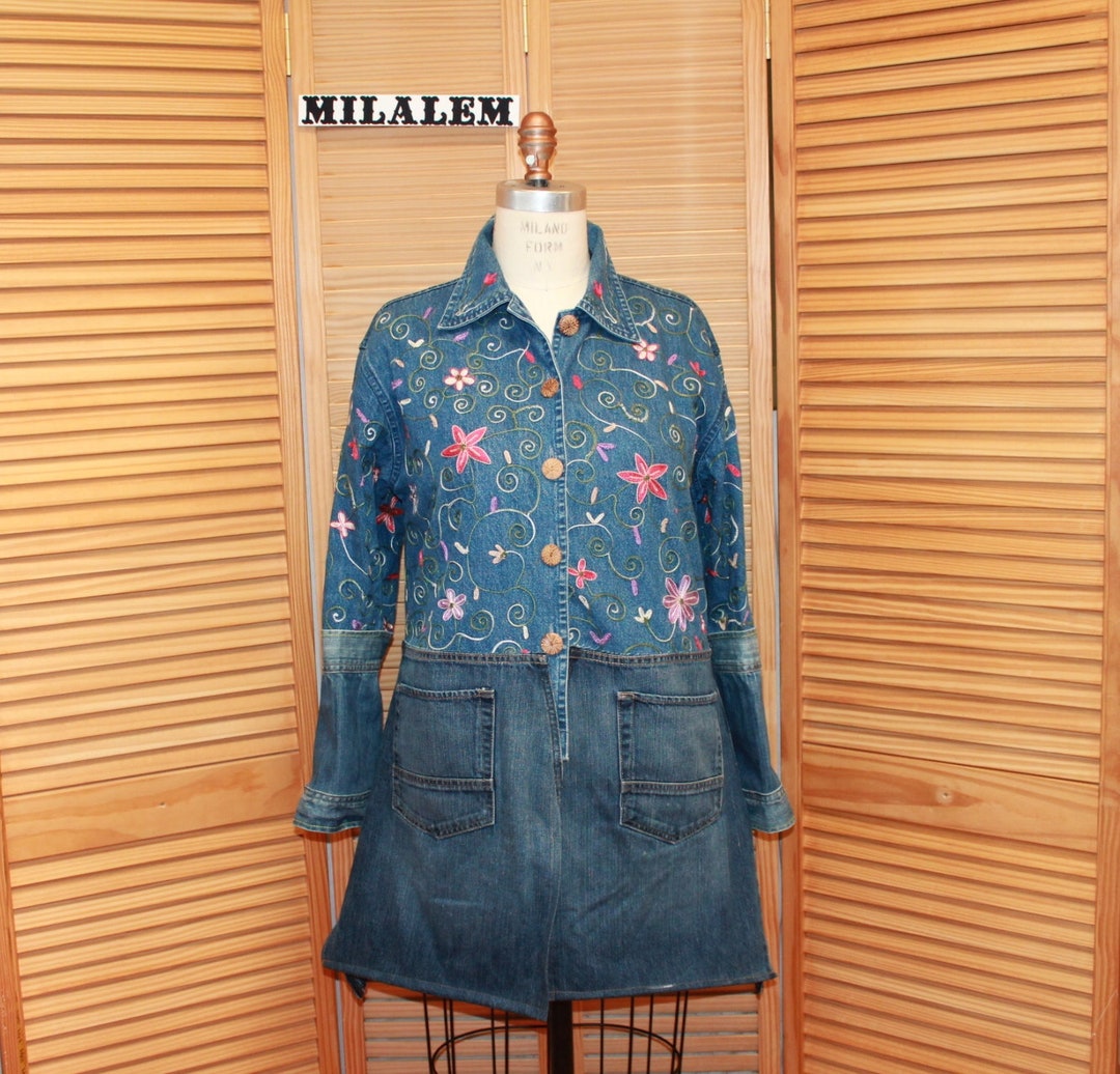 Upcycled Embroidered Denim Coat: Funky Hippie Festival Jacket (large ...