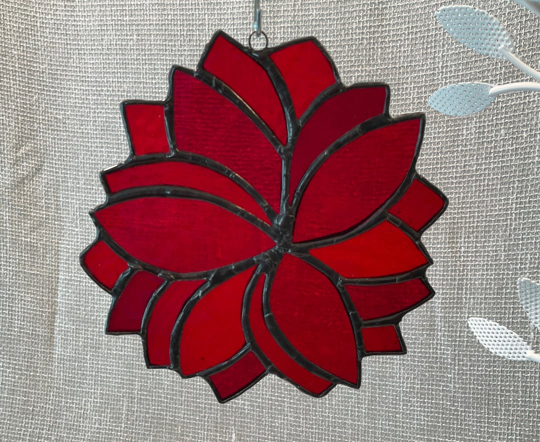 Stained Glass Flower, Floral Suncatcher, Red Flower Suncatcher, Red Glass Art Suncatcher, Flower ...