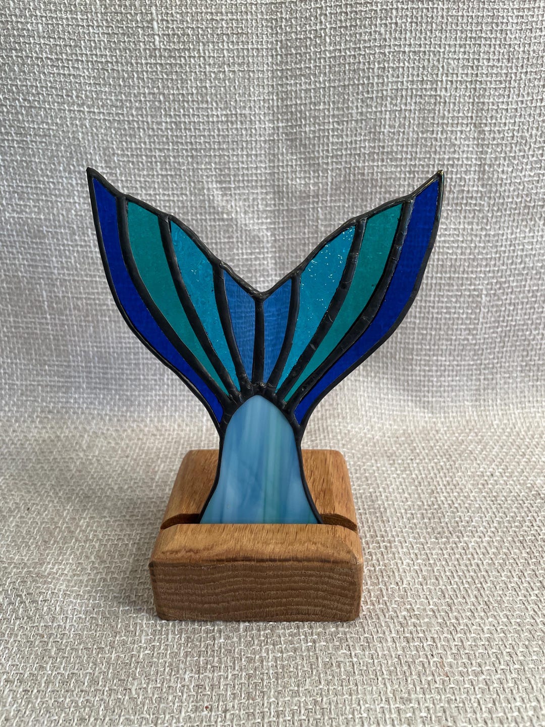 Mermaid Tail Stained Glass in Oak Stand Mermaid Tail Sun Catcher ...