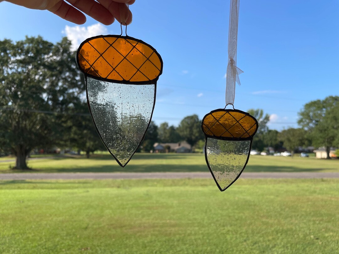 Acorns Sun Catcher, 2 Amber Stained Glass Acorns, Harvest Decoration ...