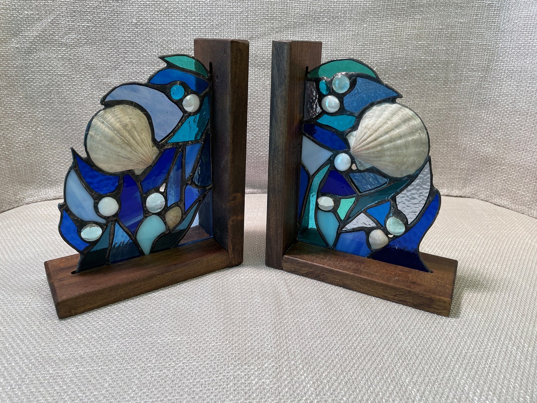 Bookends Handmade Ocean Wave Bookends Real Shells Stained Glass Ocean ...