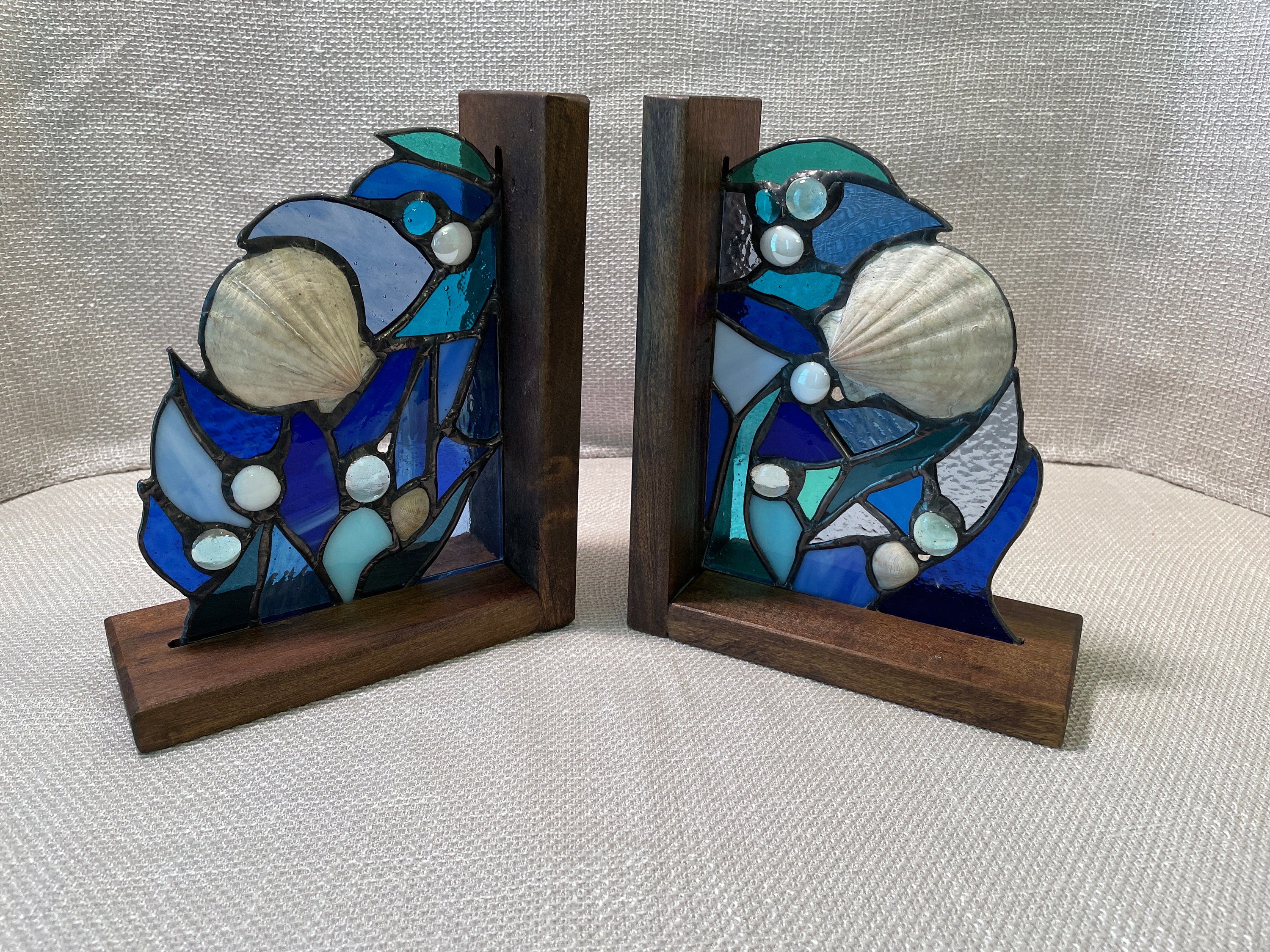 Bookends Handmade Ocean Wave Bookends Real Shells Stained Glass Ocean ...