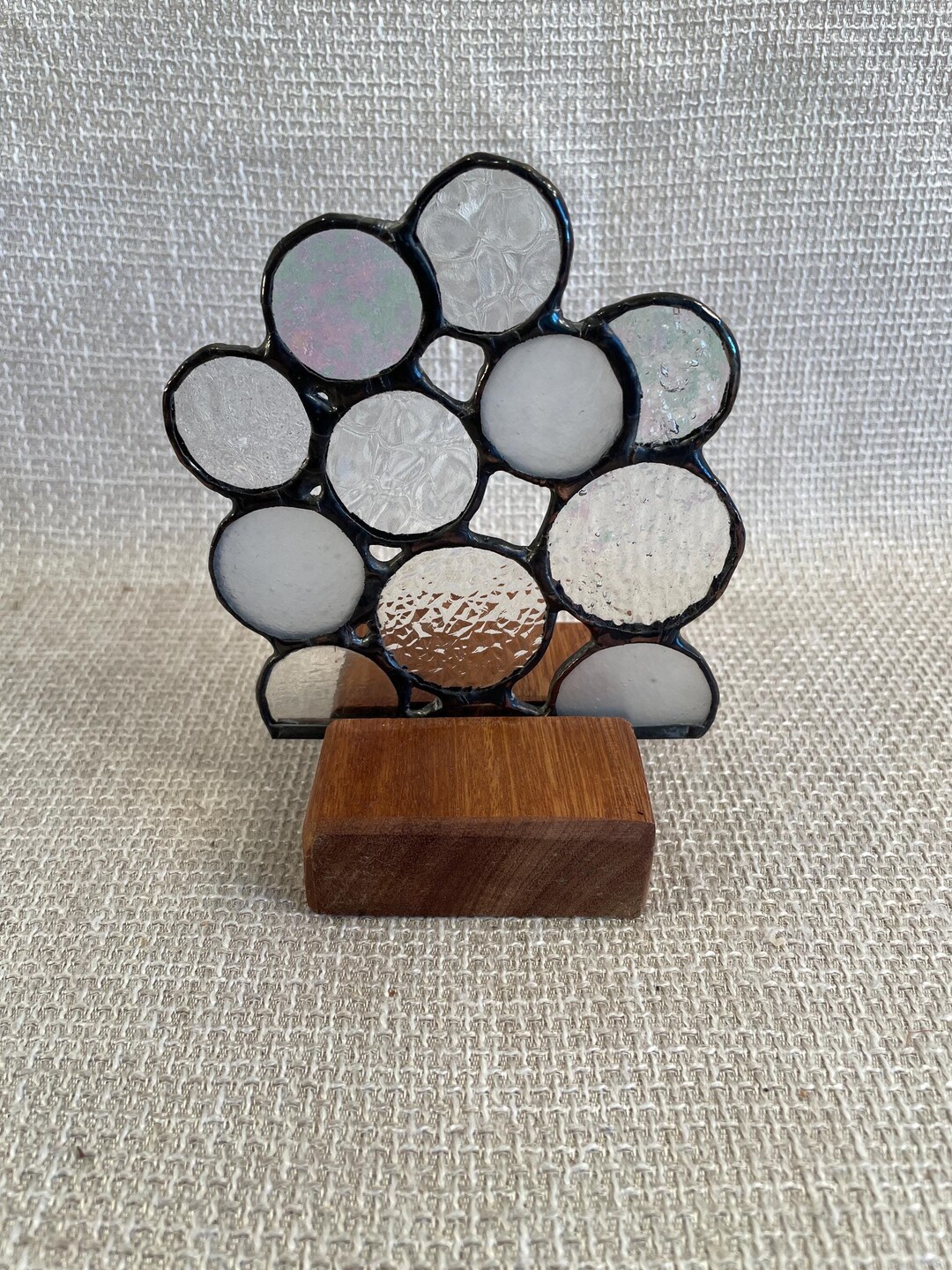 Bubbles Desk Art, Stained Glass Bubbles in Oak Stand, Tabletop Sun ...
