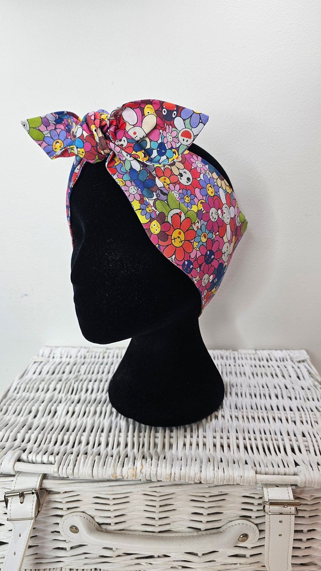 Flower Smiley Faces 60s Floral Head Scarf Hair Wrap Pin up Style Hair ...